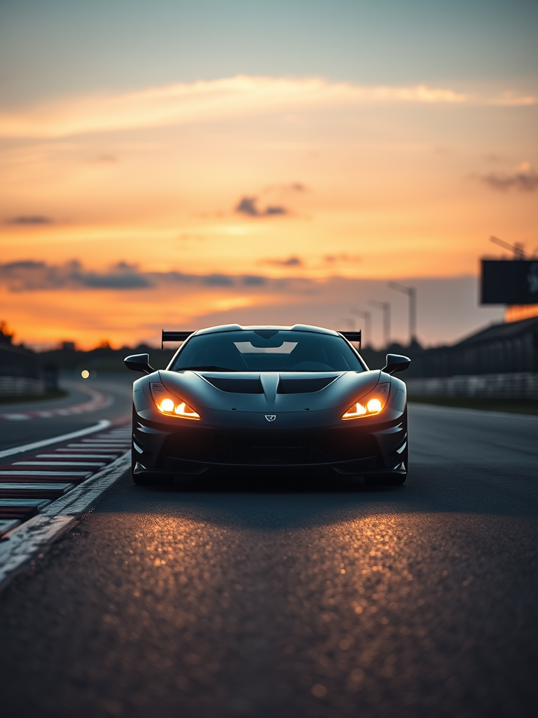High-performance car on a race track at sunset, captured with a Canon ...
