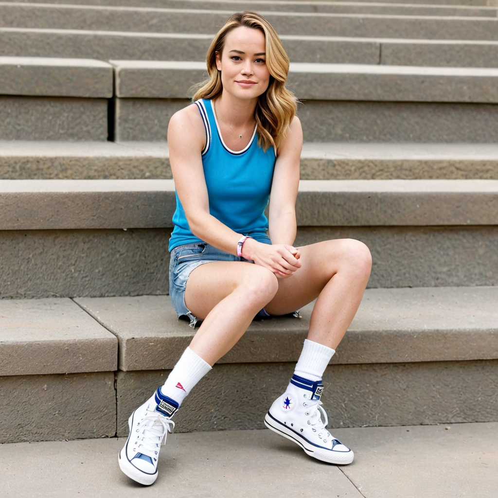 Mcu Brie Larson Carol Danvers sitting in Pink Tank Top, Blue Jean ...