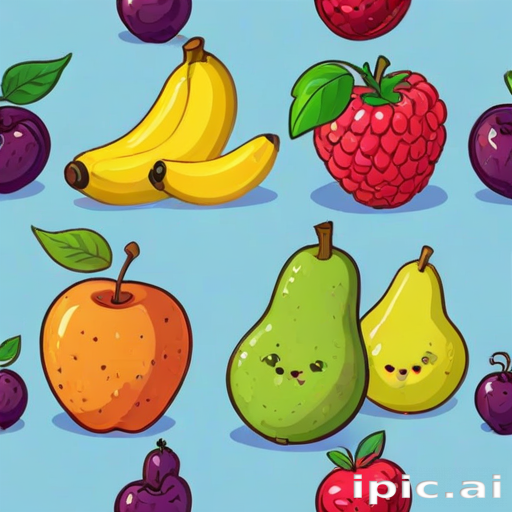 Colorful Cartoon Fruits Including Bananas, Apples, Pears, and Raspberries