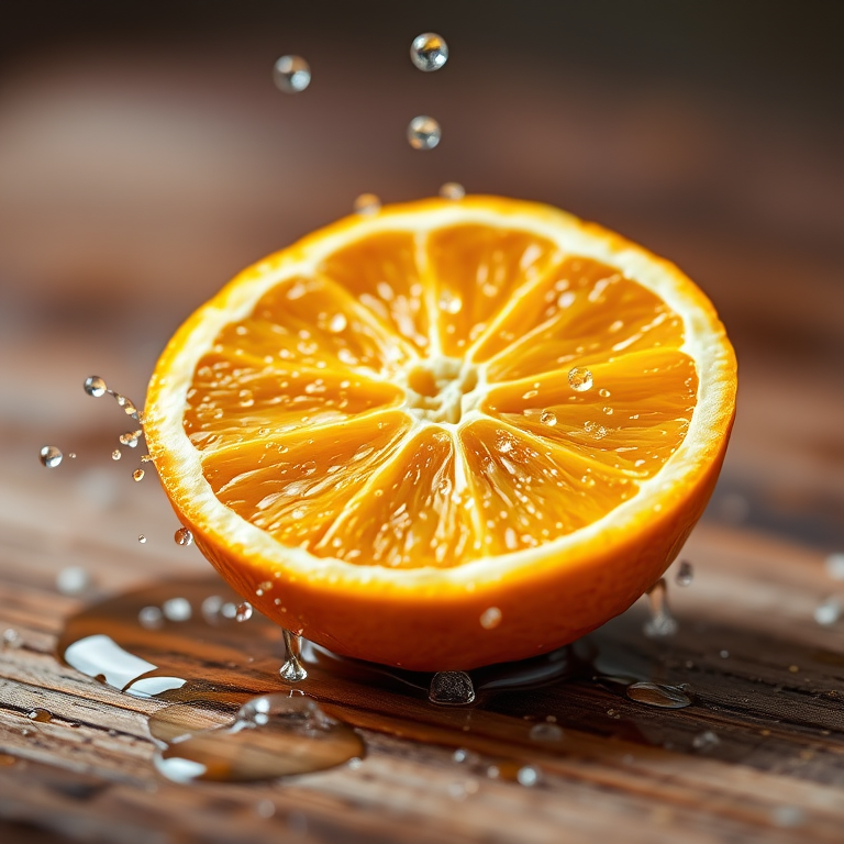 A Juicy Orange Slice Surrounded by Sparkling Water Droplets on Wood.
