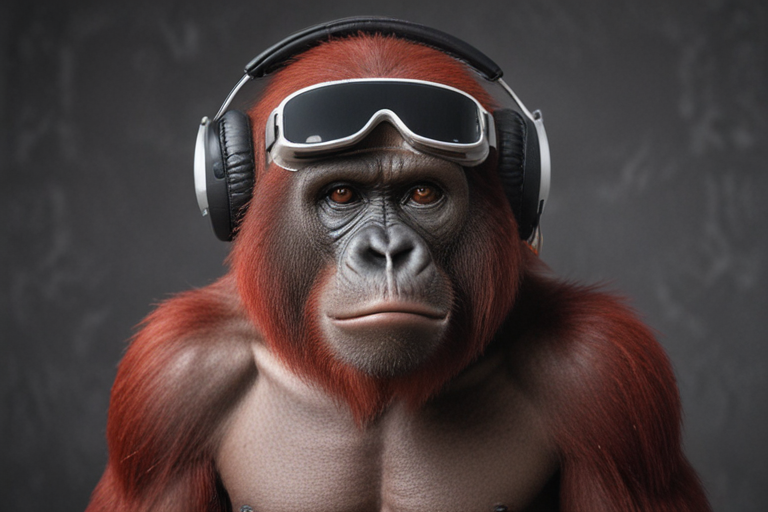 red monkey with a vr headset on, gorilla tag monke and ear rings