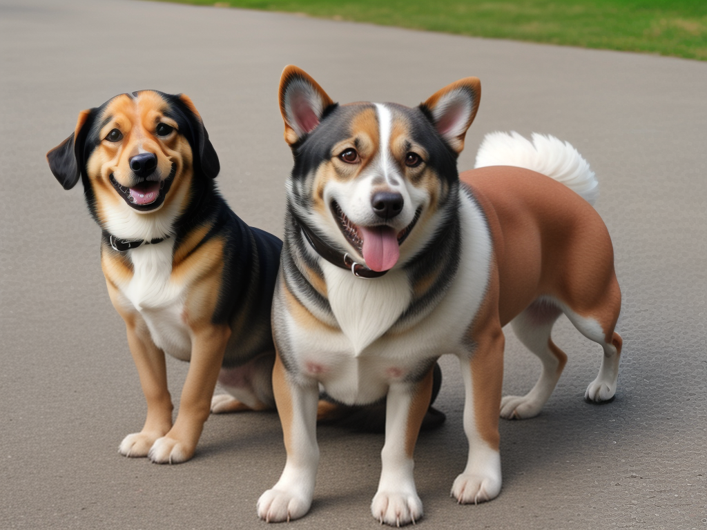 Two Adorable Dogs Posing Together with Happy Expressions in a Park Setting.