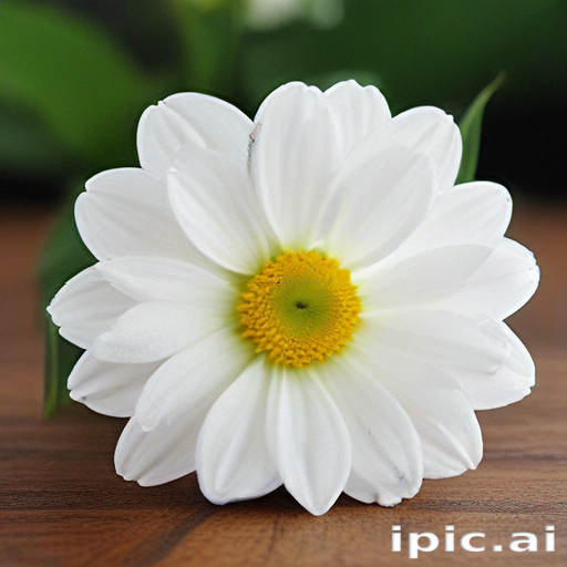A Beautiful White Daisy Flower with a Bright Yellow Center on Wood.