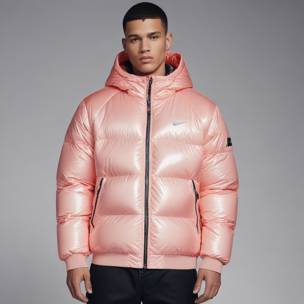 Male supermodel nike shiny puffer jacket bling jewellery hood