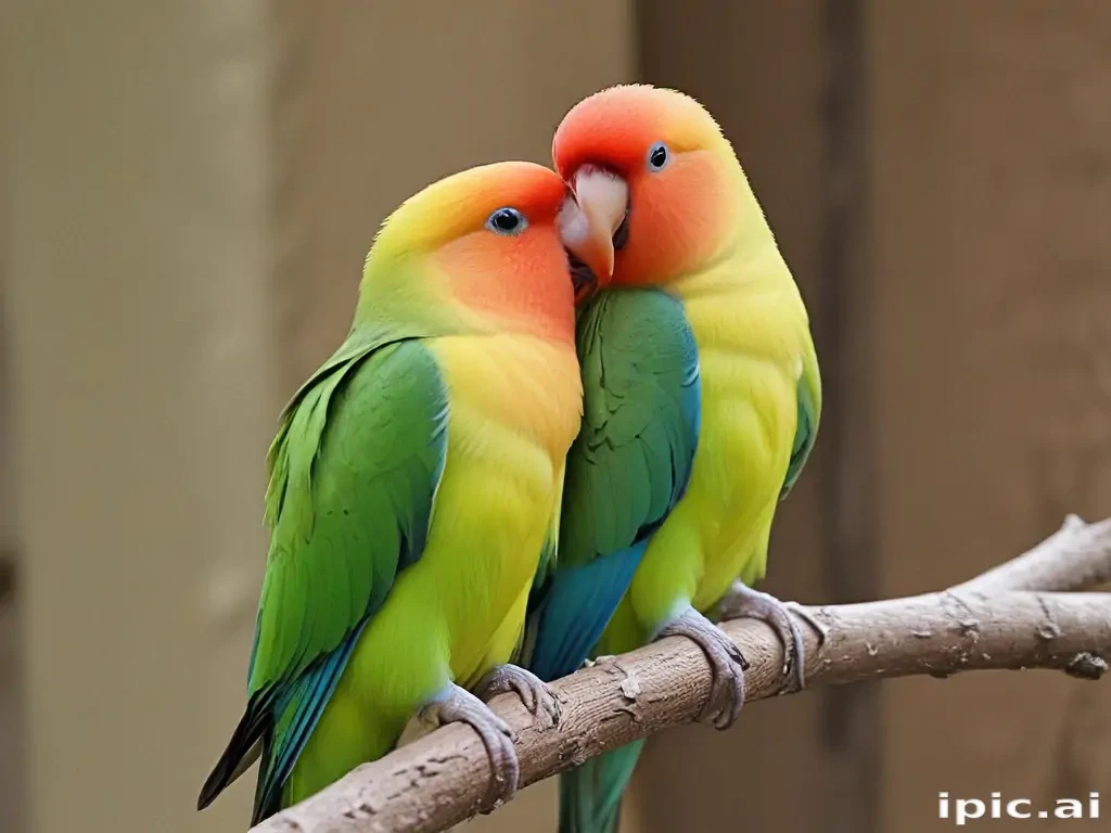 Two Colorful Lovebirds Cuddling Together on a Branch in Nature