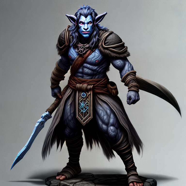 a firbolg from dungeons and dragons, black hair, blue-grey skin, cloaked