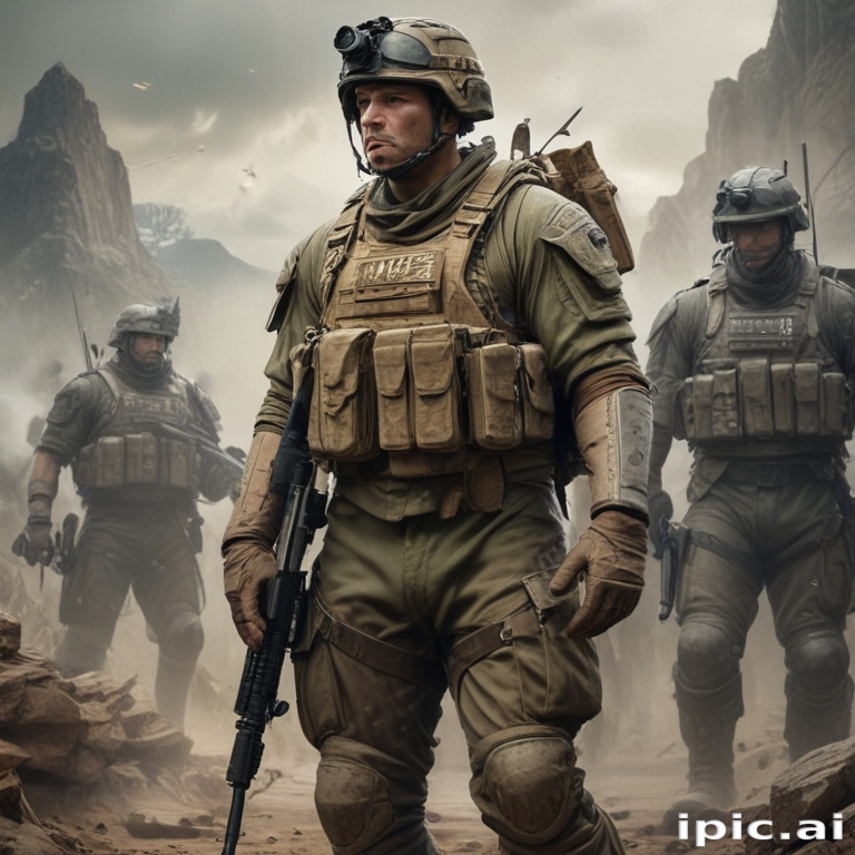 Elite Soldiers in Tactical Gear Advancing Through a Rugged Mountainous ...