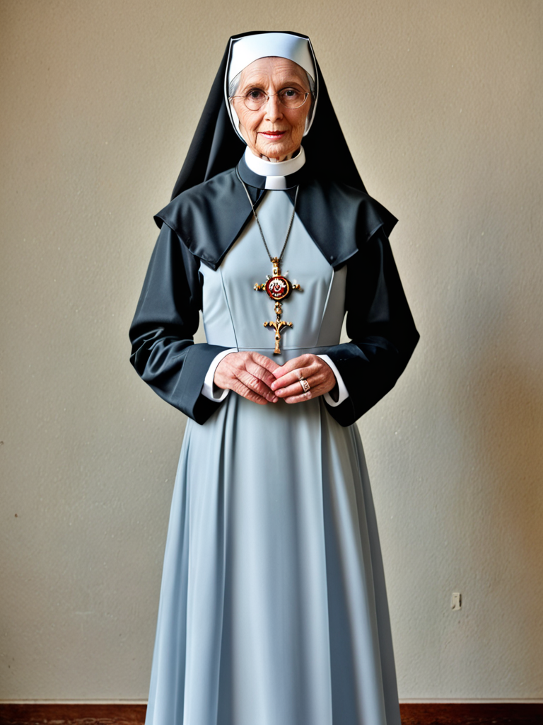 a full length portrait of a victorian nun in a floor length transparent ...