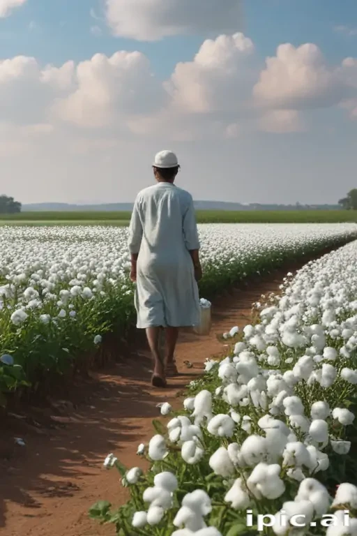 A Farmer Walking Through a Beautiful Cotton Field Under a Blue Sky