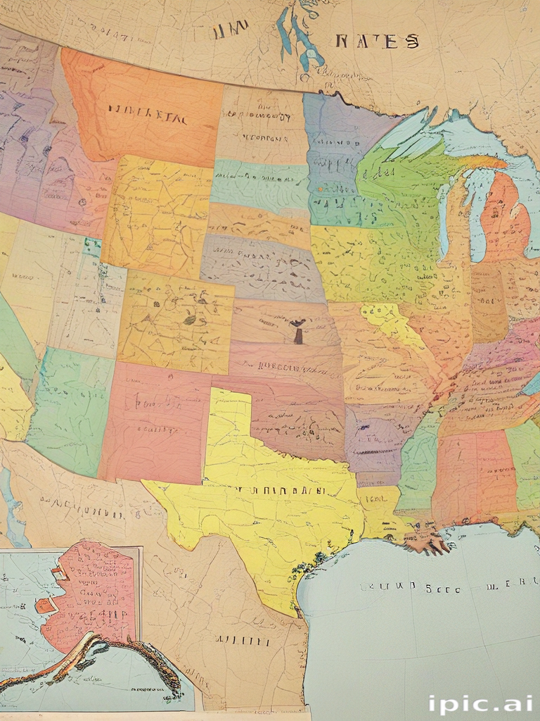 Colorful Historical Map of the United States with State Borders and Names