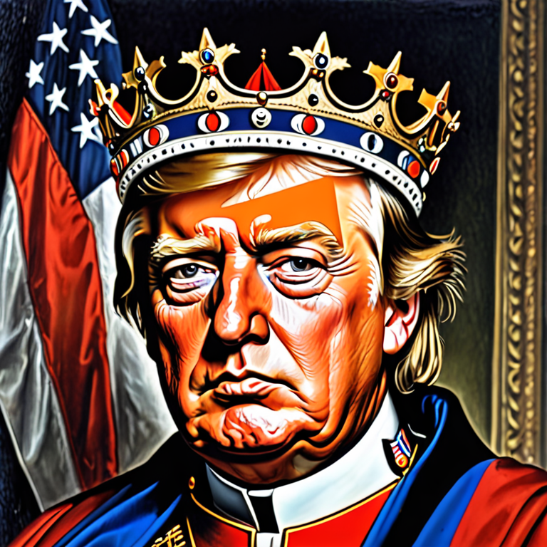 trump whit a crown and American flag cape in the portrait of Napoleon
