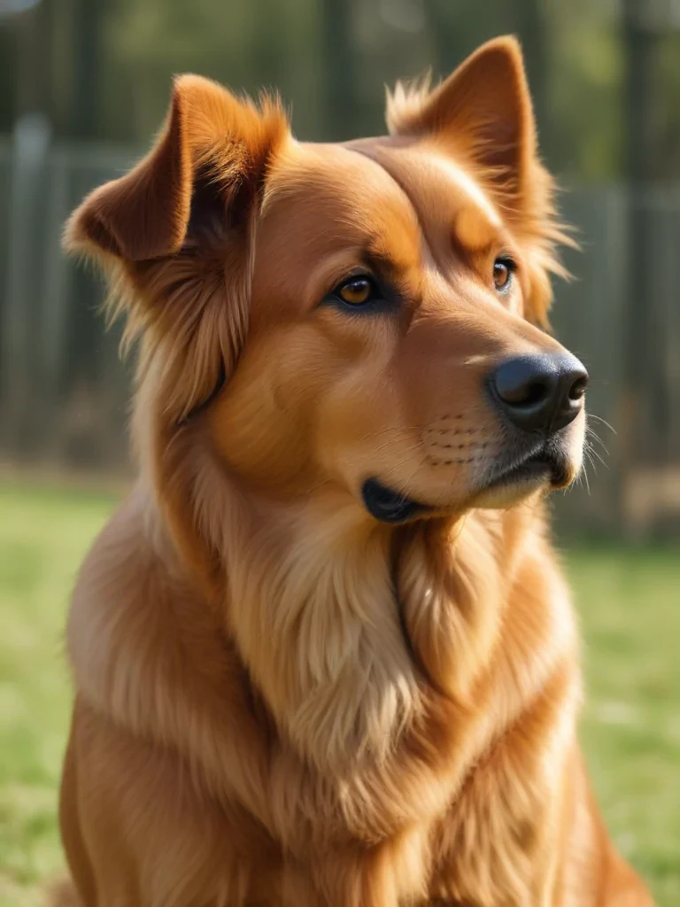 A Majestic Golden Dog Sitting Gracefully in a Lush Green Park