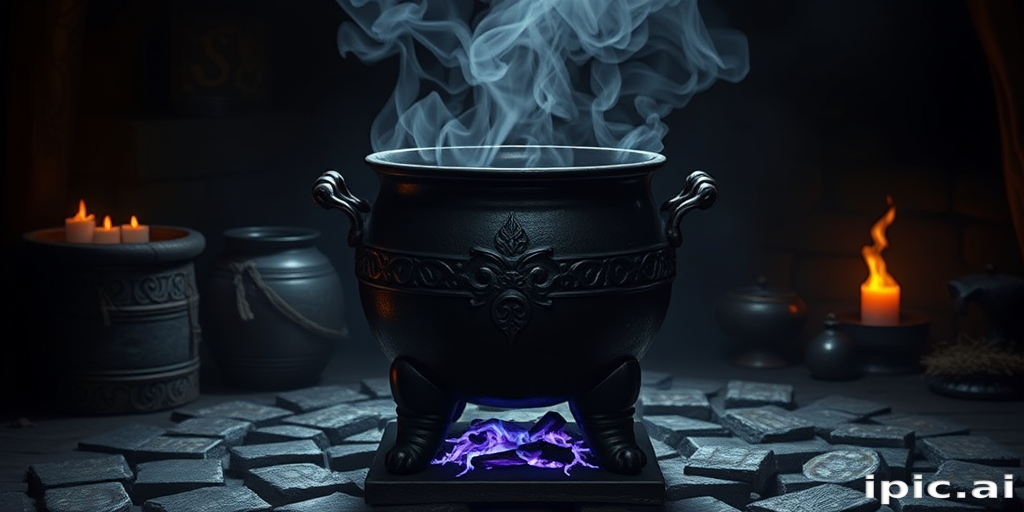 Enchanted Cauldron Bubbling with Mysterious Smoke in a Dark Room
