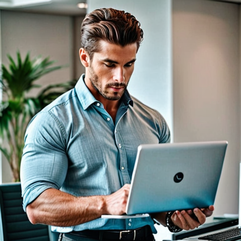 very handsome and muscular man with sleeves rolled up looking at ...