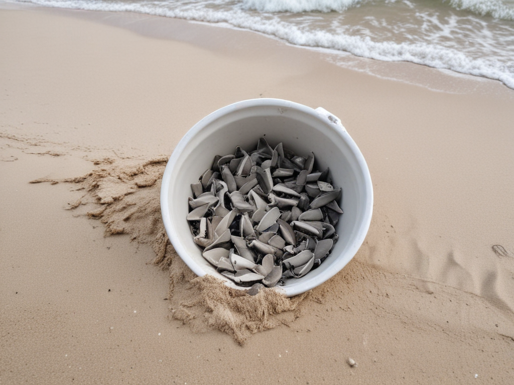 a tipped over bucket on a beach filled with sharks teeth