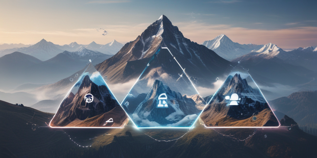 mountain scene with technology icons spread around the peaks