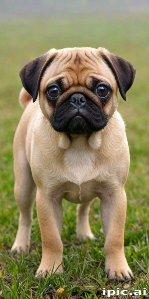 A Cute and Playful Pug Dog Standing in a Green Field.