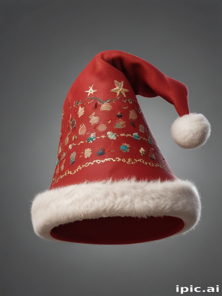 A Festive Red Christmas Hat Adorned with Colorful Decorations and Snowy ...