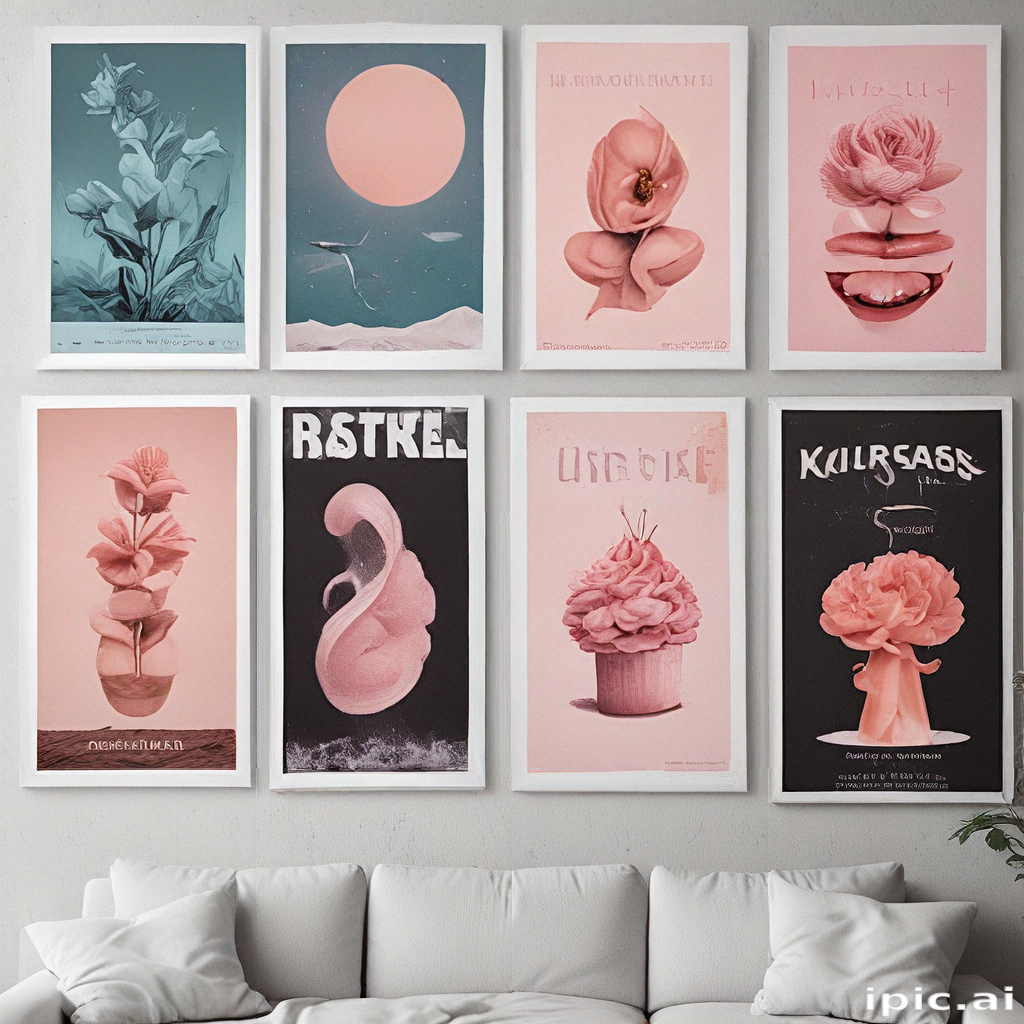 Artistic Display of Pink-Themed Posters Featuring Floral and Abstract ...