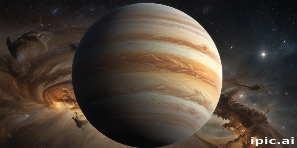Vibrant View of Jupiter Surrounded by Cosmic Swirls and Stars