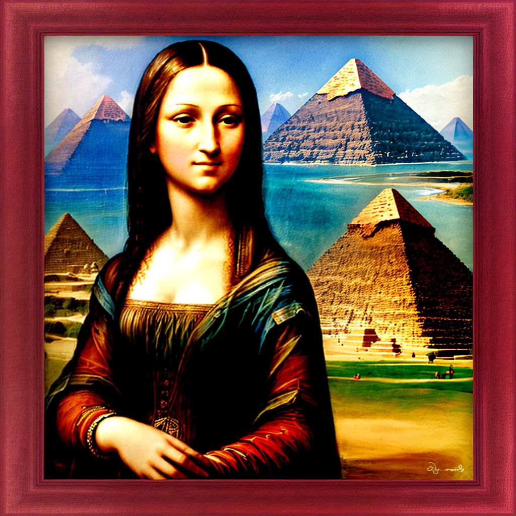 framed portrait picture of A Monalisa in front of Egyptian pyramids ...