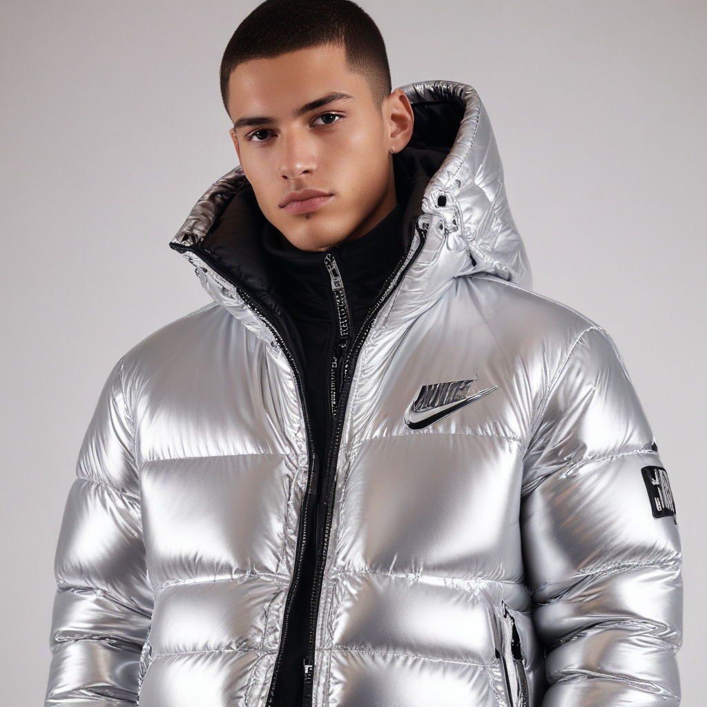 Male supermodel nike shiny puffer jacket bling jewellery hood
