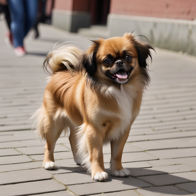 A Happy Small Dog Enjoying a Sunny Day Outdoors on the Sidewalk.