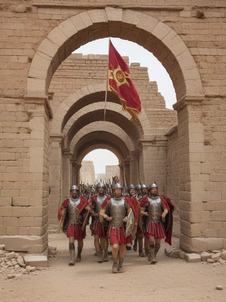 Roman soldiers marching through an arch in Babylon carrying their flag