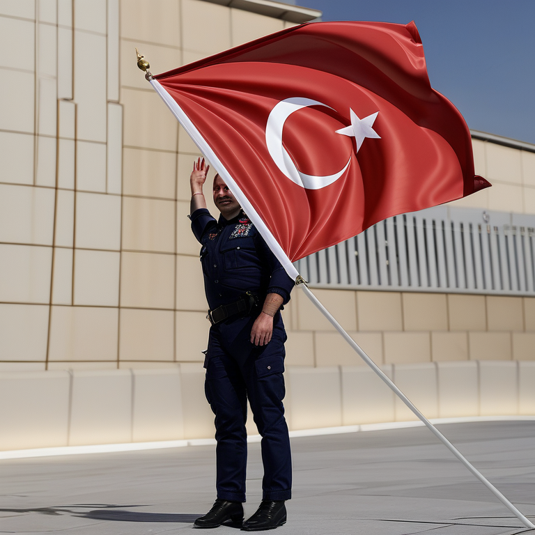 Turkish Officer Proudly Raising the National Flag Against a Clear Sky