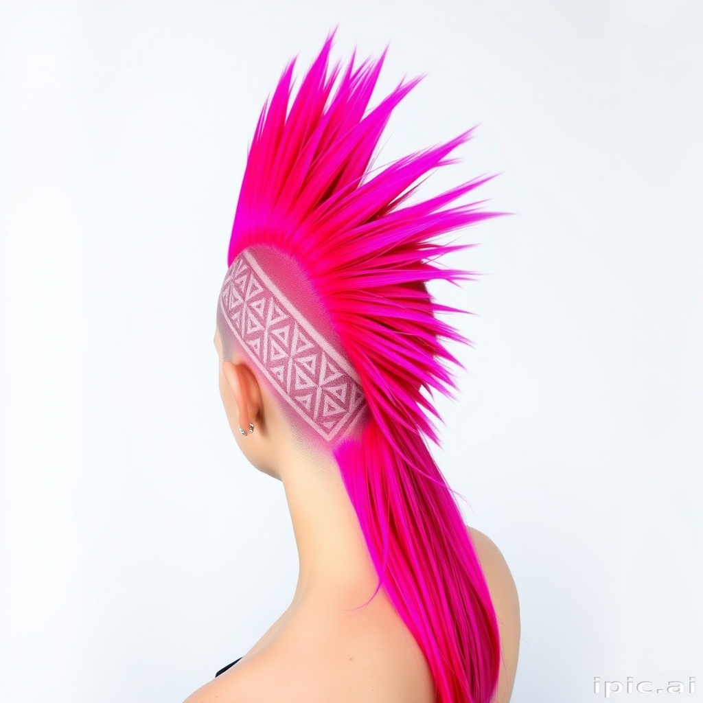 Vibrant Pink Mohawk Hairstyle with Intricate Geometric Patterns on the ...