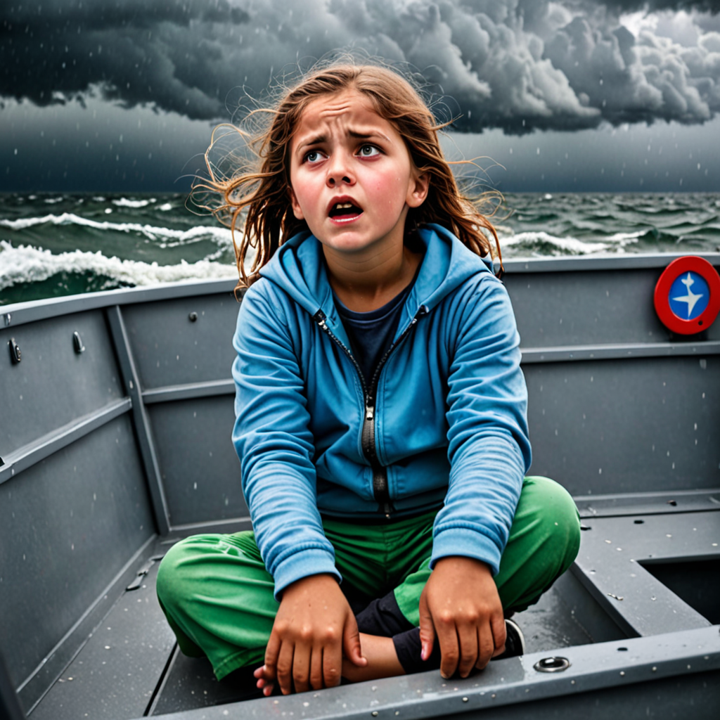 frightened girl sitting in refugee boat crossing the sea in a storm