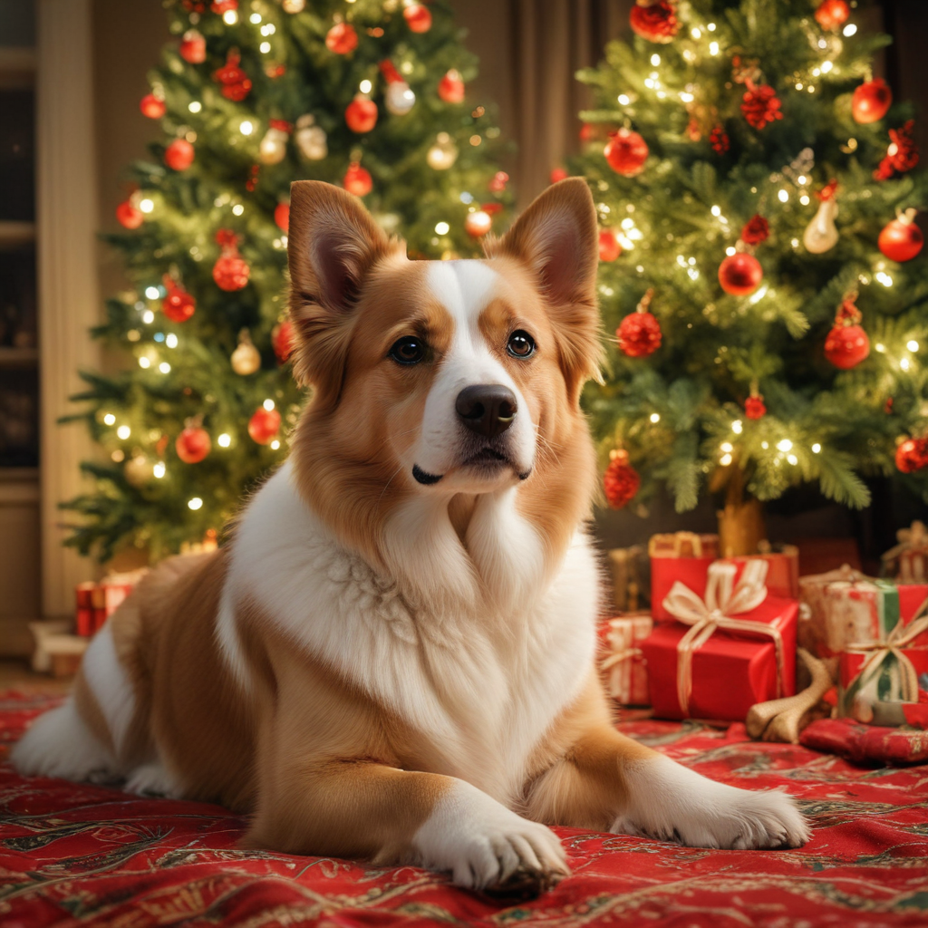 A Festive Dog Relaxing Amidst Christmas Trees and Wrapped Gifts.