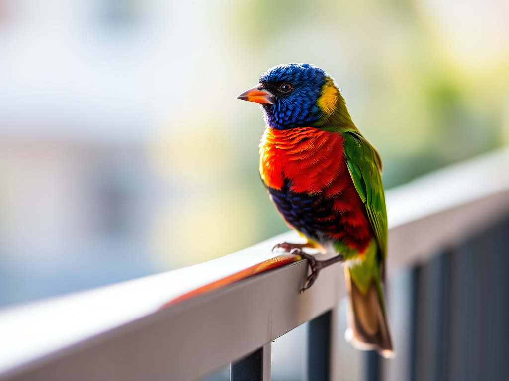 Colorful bird perched on a railing in soft natural light, 50mm lens, f ...