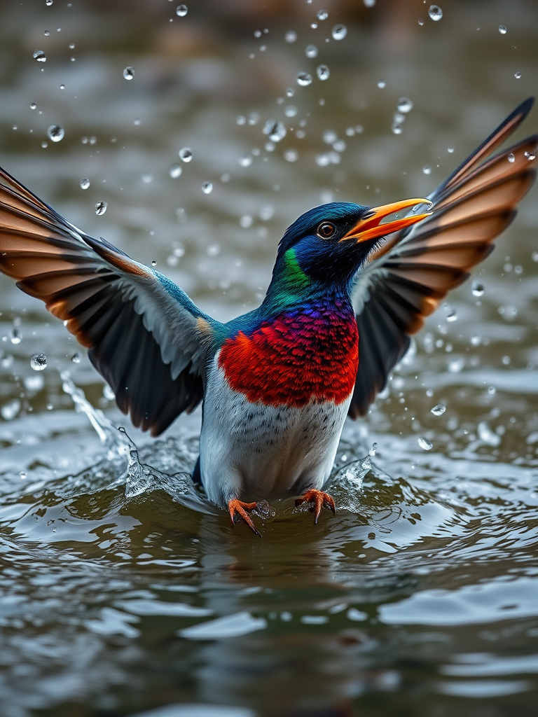 A vibrant bird splashing in water with wings spread wide, droplets ...