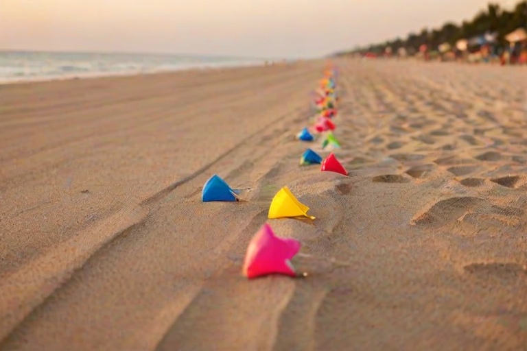 Colorful Beach Decorations Lining the Shore at Sunset on a Sandy Beach