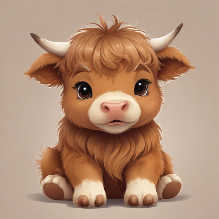 brown fluffy cute kawaii adorable highlandcow sitting drawing anime chibi