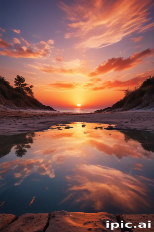 Stunning Sunset Over Tranquil Beach with Reflective Water and Vibrant ...