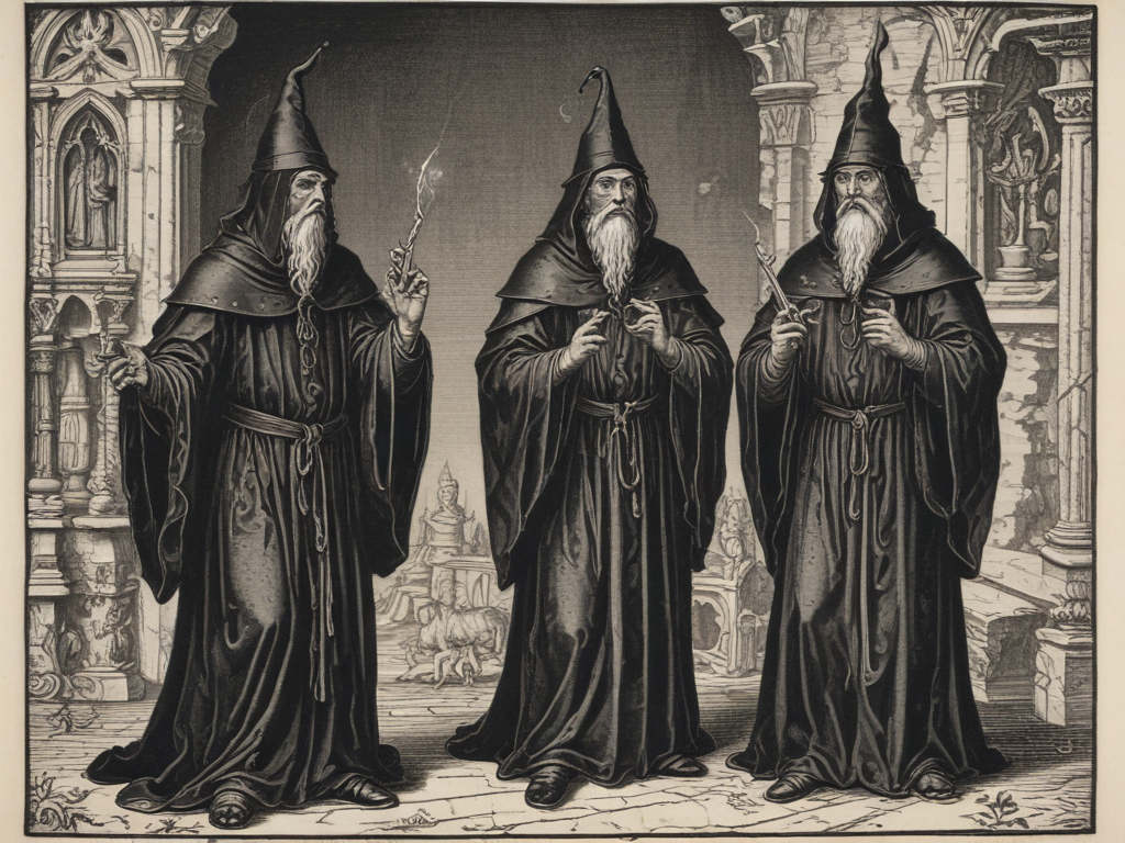 medieval woodcut of wizards in black robes