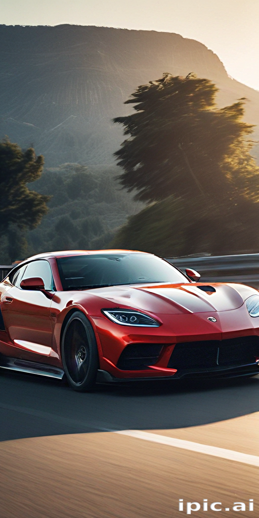 Stunning Red Sports Car Racing Along a Scenic Mountain Road at Sunset