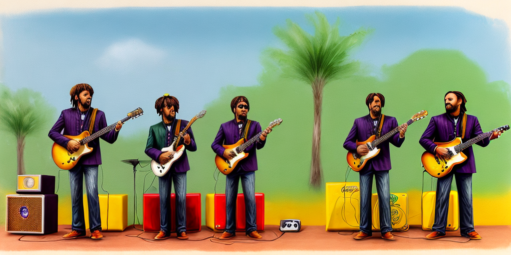 rasta beatles in a band playing reggae with sound system photorealistic