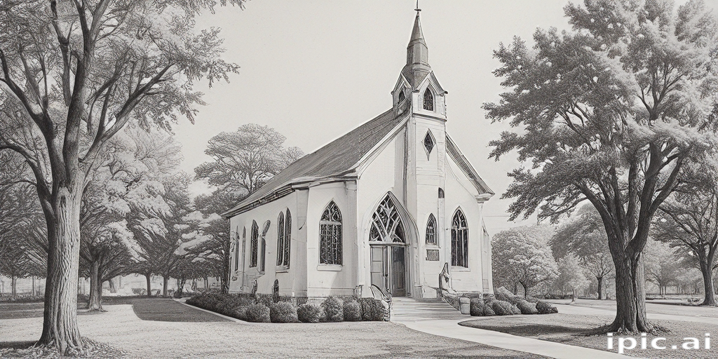 Charming Historic Church Surrounded by Lush Trees in Peaceful Setting