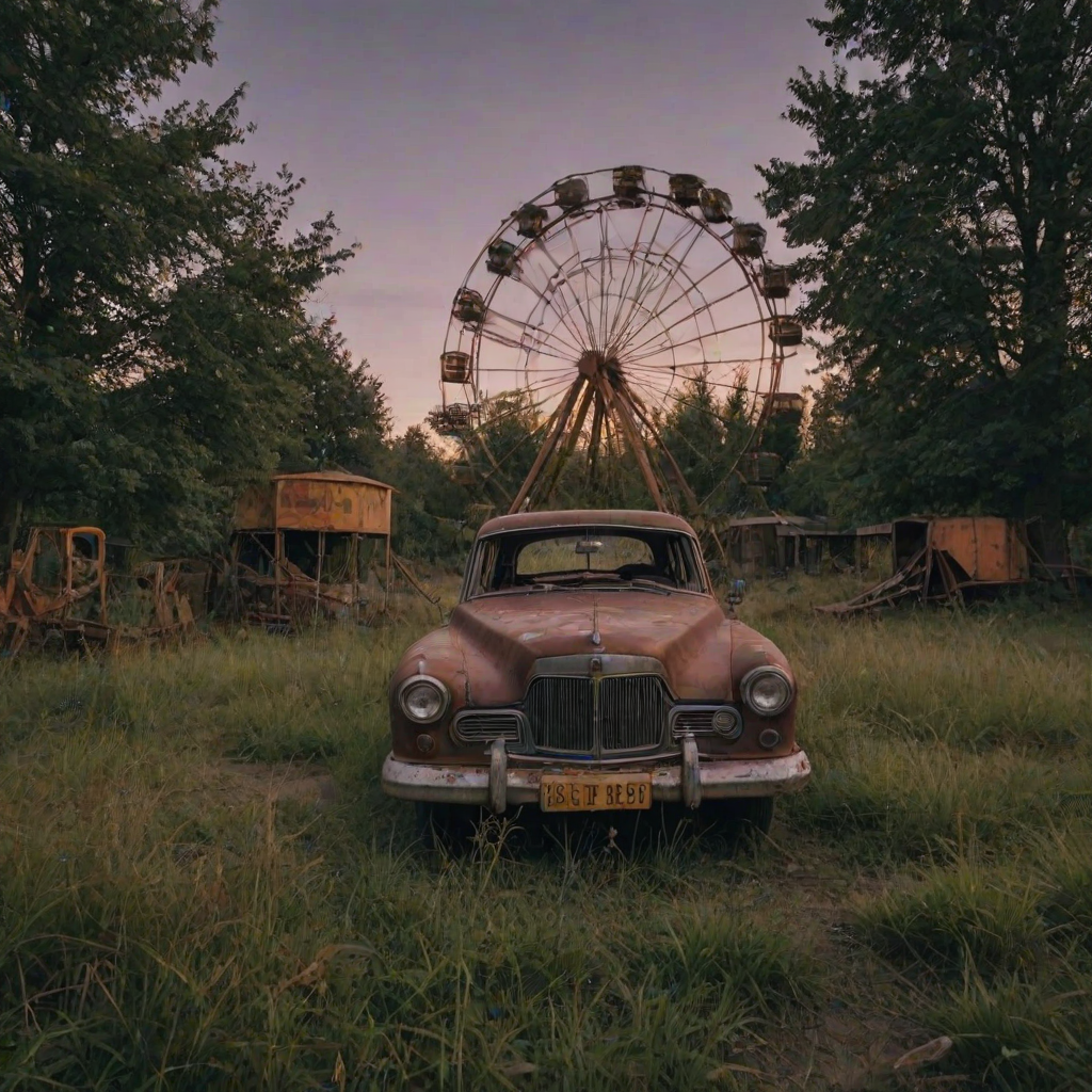 Abandoned Amusement Park with a Vintage Car Amidst Overgrown Grass