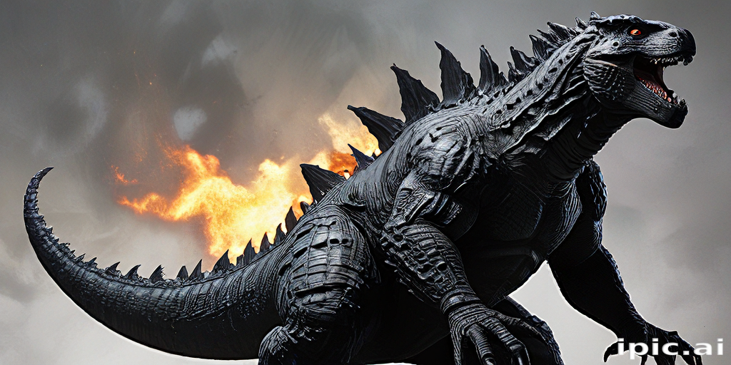 Epic Battle of a Giant Monster Roaring with Fiery Destruction Behind