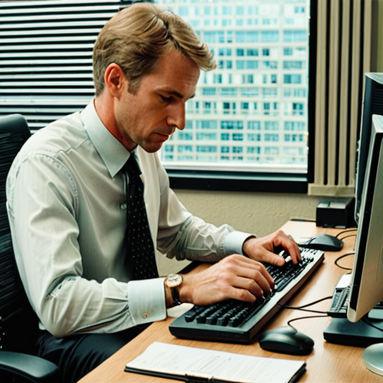 scrawny white man sitting hunched at a very basic desk, working on a ...