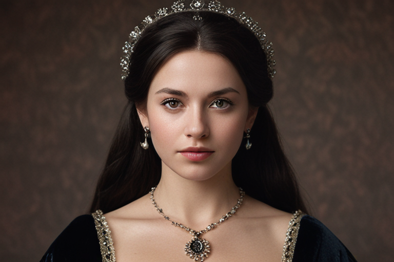 realistic and powerful photo of queen Anne Boleyn in real life, olive ...