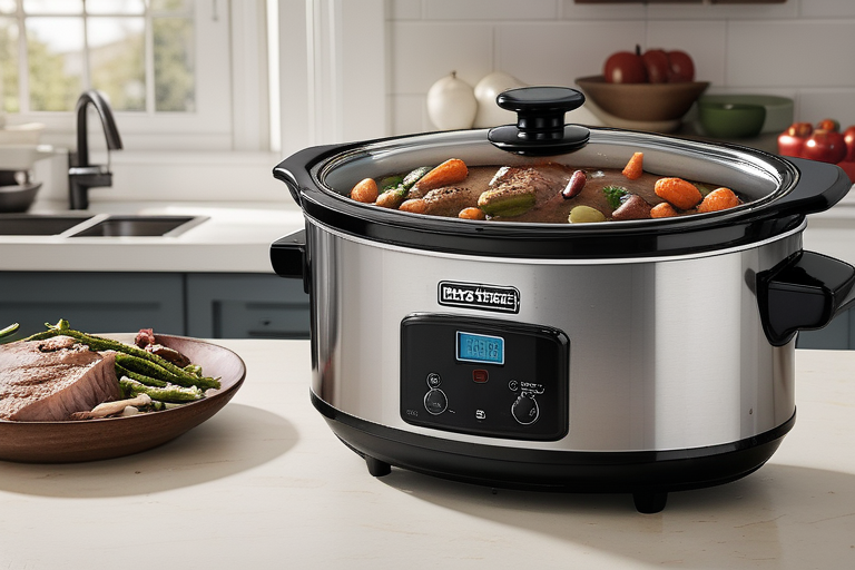 Delicious Slow-Cooked Meal Prepared in a Modern Crockpot on Kitchen Counter