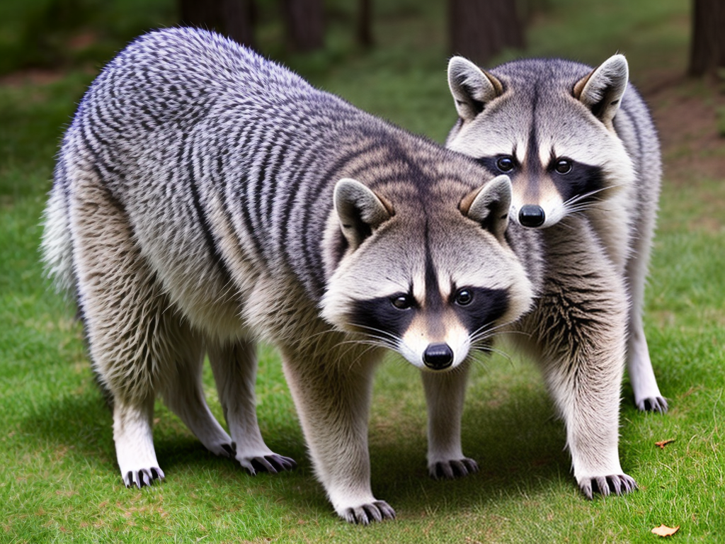 Big male raccoon with grey fur. Standing on his hindlegs and watch