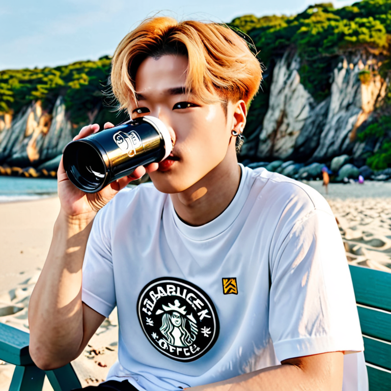 Jimin a member from BTS band with blonde hair and drinking a cup of ...