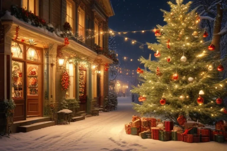 Enchanting Winter Evening Scene with Christmas Tree and Festive Decorations