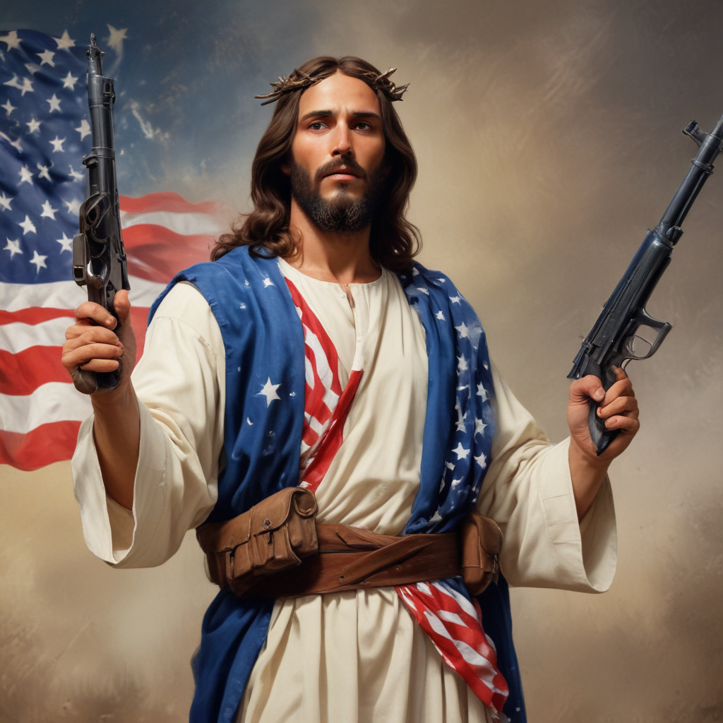 Jesus with Israel and American flags and guns firing and fighting Muslims
